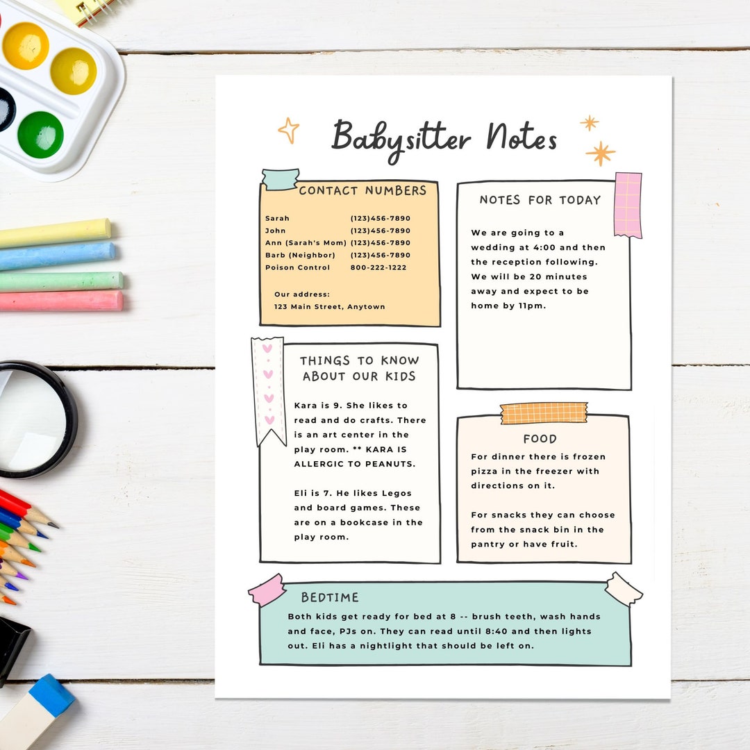 Babysitter Notes - Editable Template - Etsy