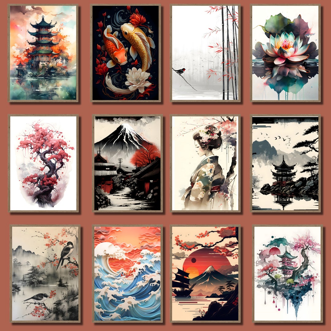 Japanese Wall Art: Set of 12 Digital Japanese Posters Featuring Mount ...