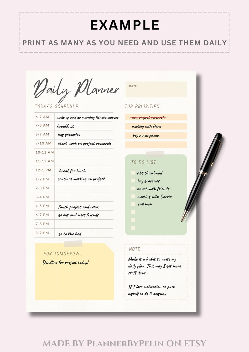 24 Hour Daily Planner Printable, Daily to Do List for Work / Personal ...