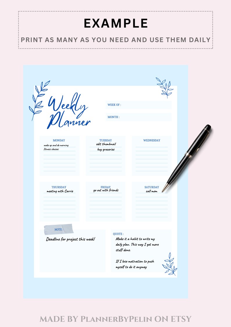 Weekly Planner Printable, Work From Home Routine, Undated Daily Planner ...