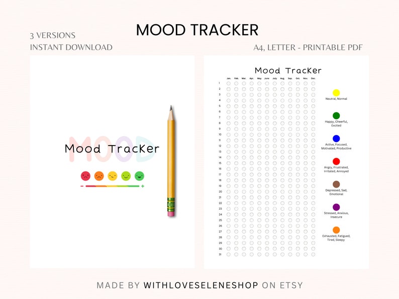 Mood Tracker Printable PDF, Mood Tracker Digital Planner, Wellness ...