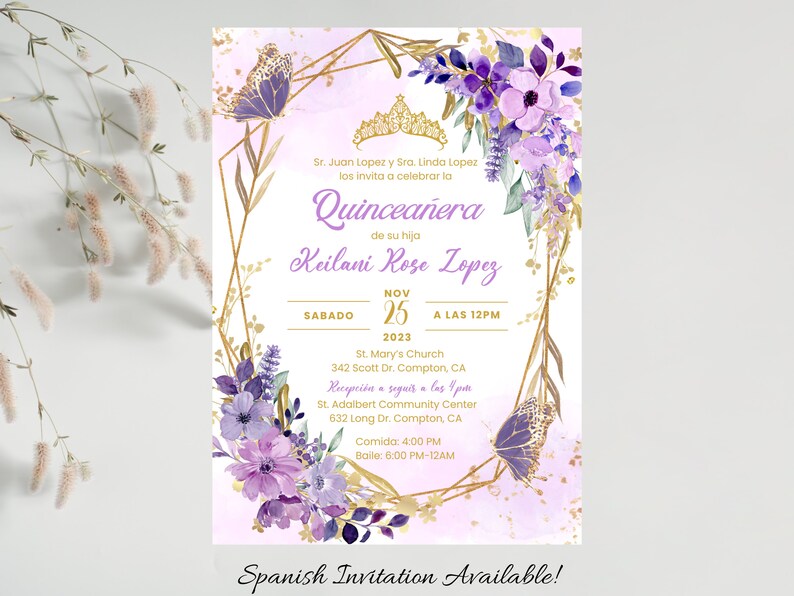 Spanish or English Lavender Lilac Purple Floral Quinceanera Invitation ...