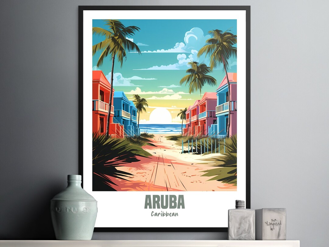 Aruba Caribbean Wall Art Print, Tropical Beach Scene Decor, Retro ...