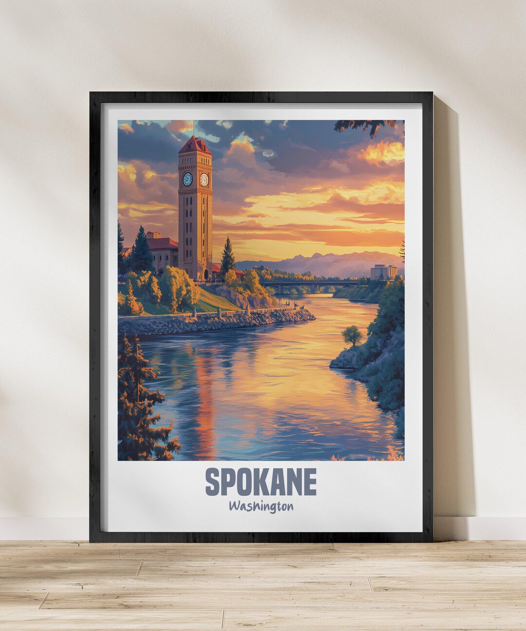Spokane Washington Skyline Wall Art, Vintage Spokane City Print, Sunset ...