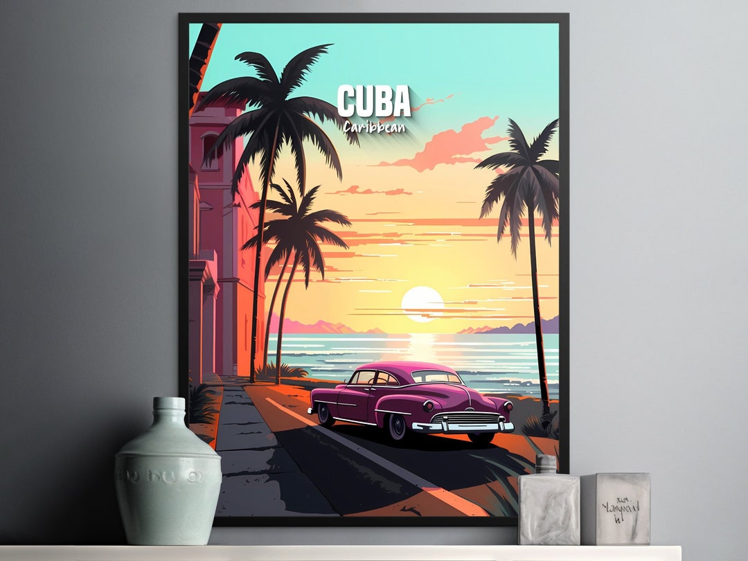Vintage Cuba Sunset Wall Art, Retro Caribbean Landscape Print for Home ...