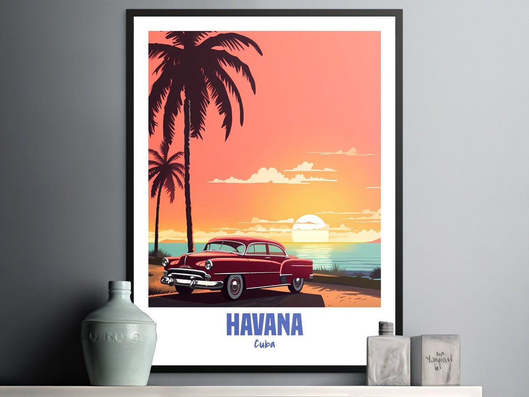 Vintage Havana Poster Art Print, Classic Car, Tropical Sunset Wall ...