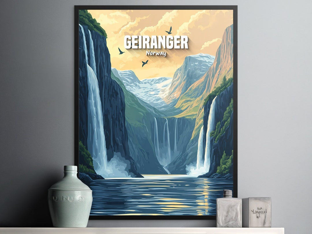 Geiranger Norway Waterfall Wall Art Print Scenic Nature Poster Nordic ...