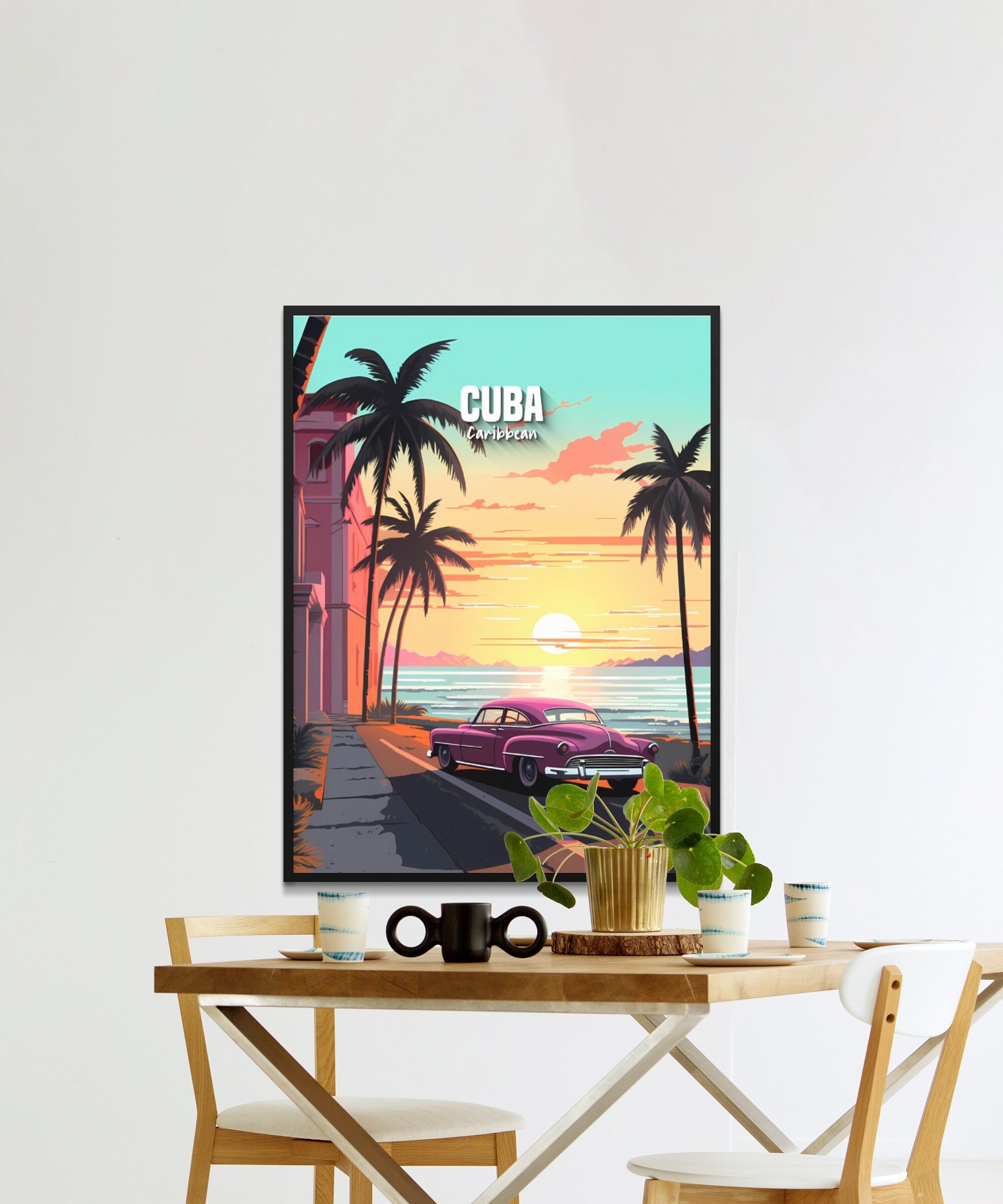 Vintage Cuba Sunset Wall Art, Retro Caribbean Landscape Print for Home ...