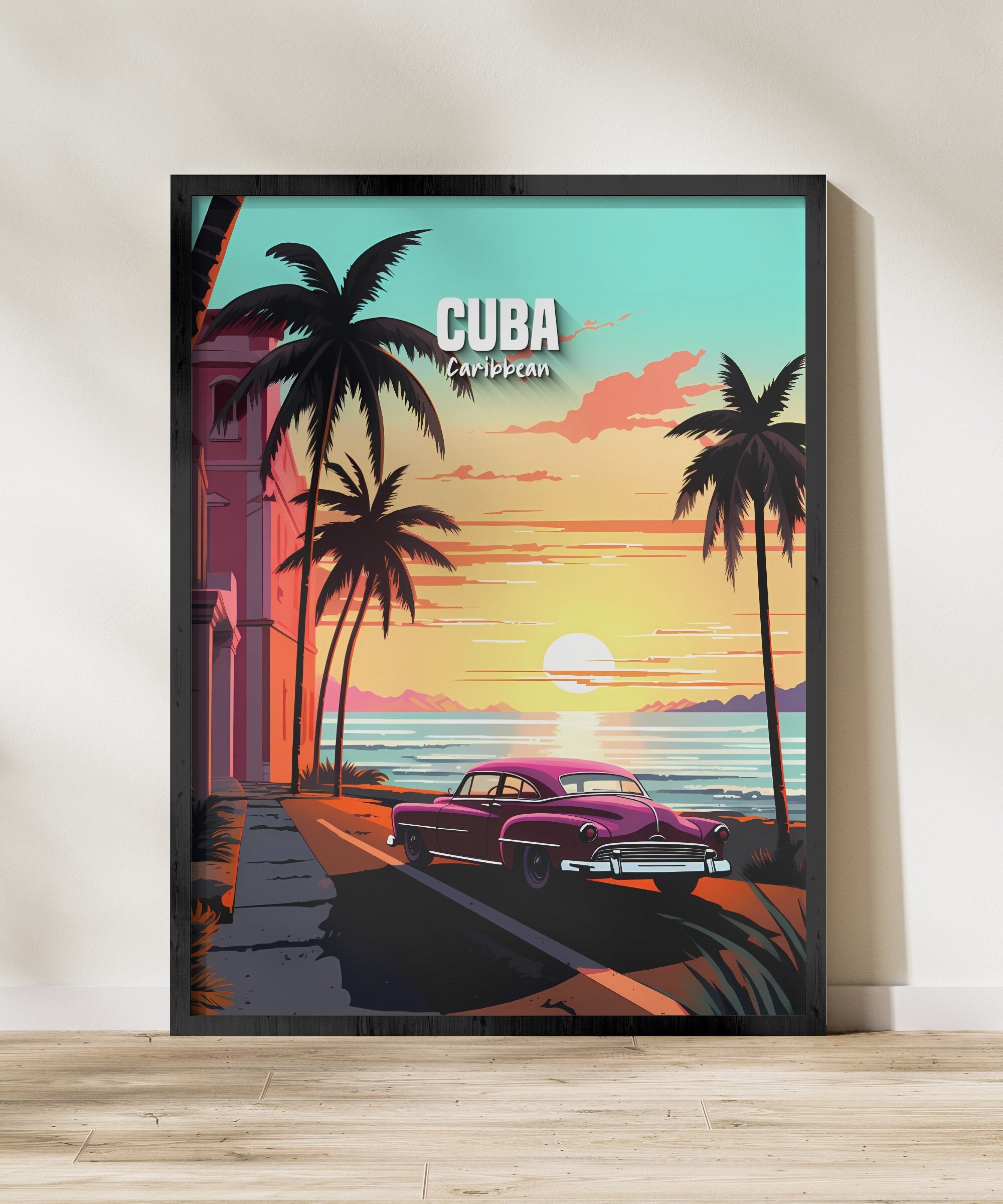 Vintage Cuba Sunset Wall Art, Retro Caribbean Landscape Print for Home ...
