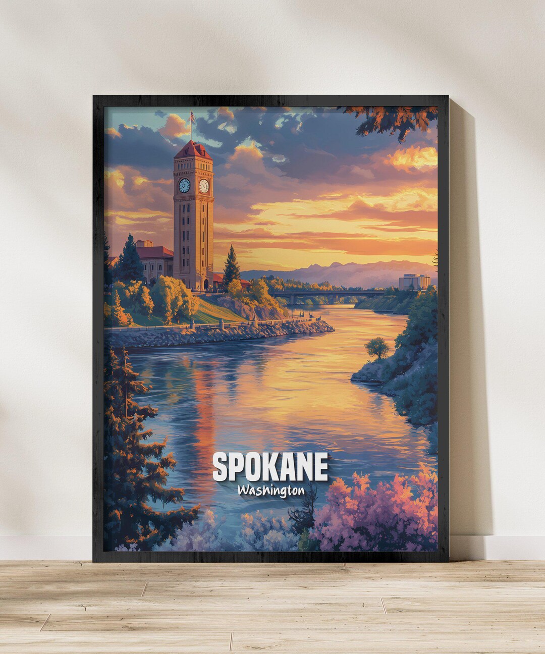 Spokane Washington Wall Art, Cityscape Print of Spokane, River Sunset ...