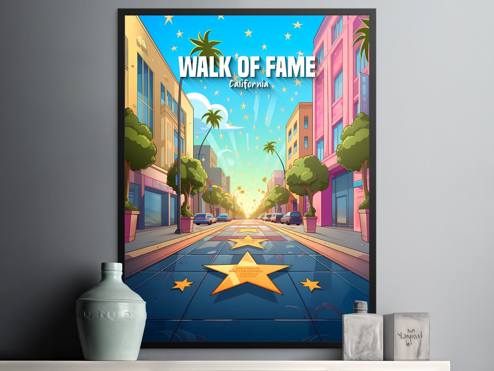 Walk of Fame Wall Art, Colorful California Street Illustration, Starry ...