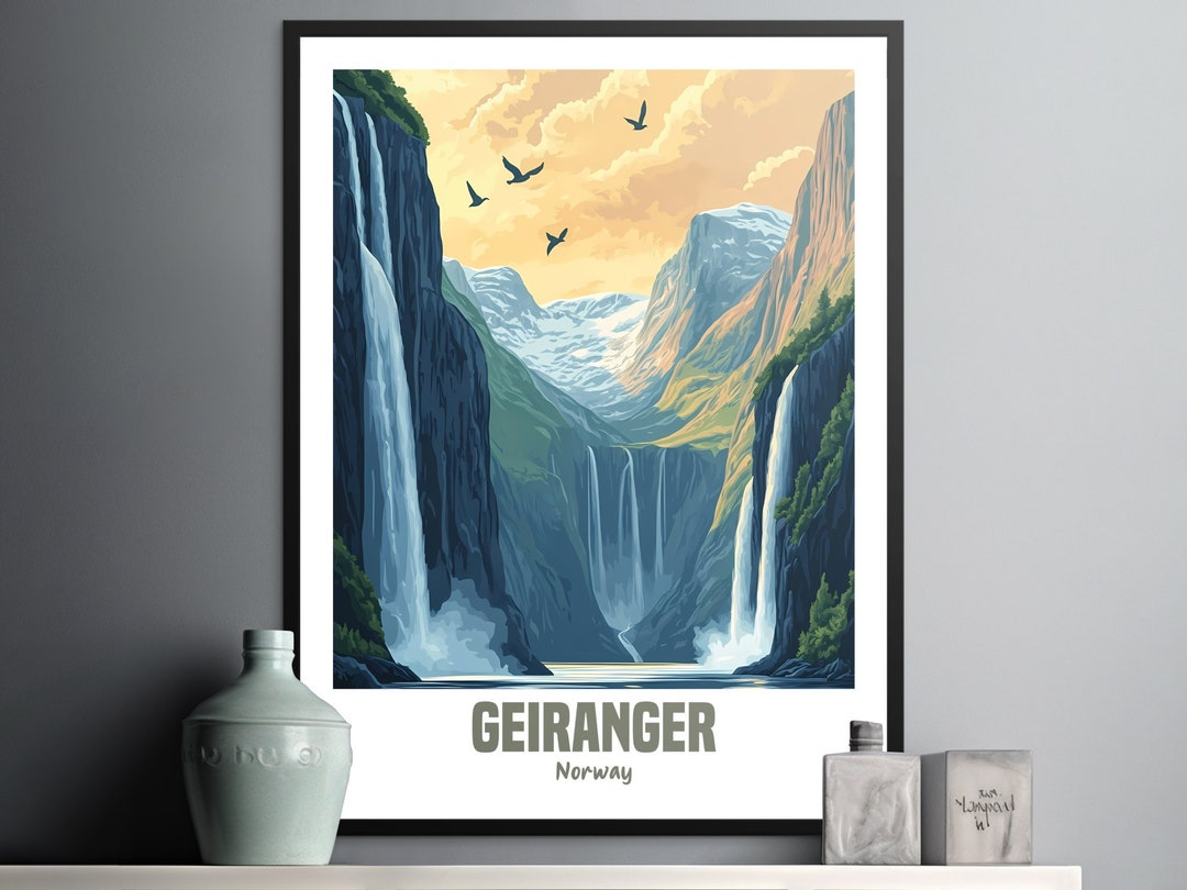 Geiranger Norway Wall Art Print, Mountain Waterfall Artwork, Nordic ...