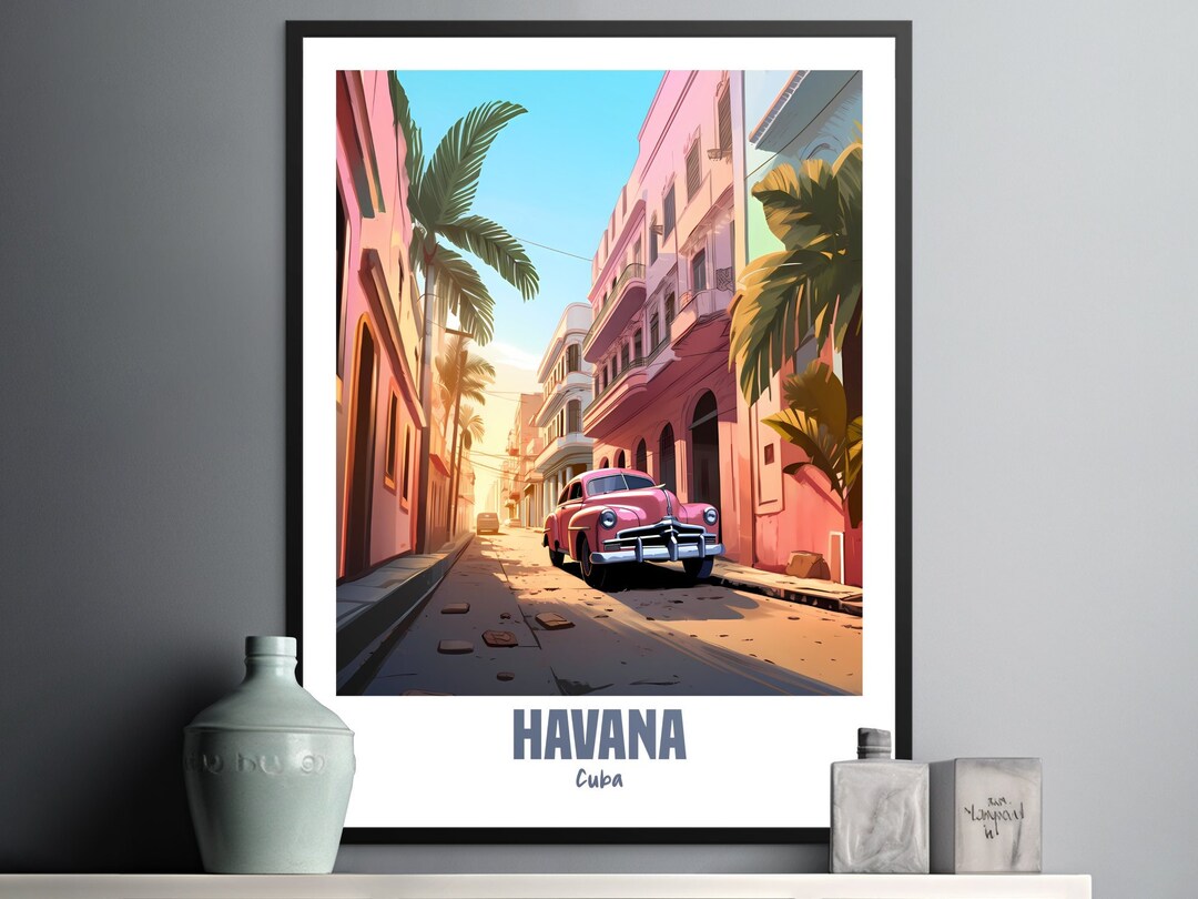Vintage Havana Cuba Wall Art Print, Retro Car and Palm Trees Street ...