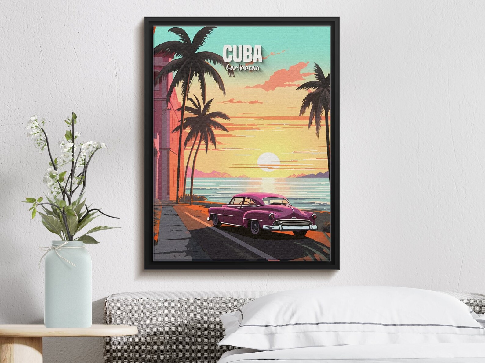 Vintage Cuba Sunset Wall Art, Retro Caribbean Landscape Print for Home ...