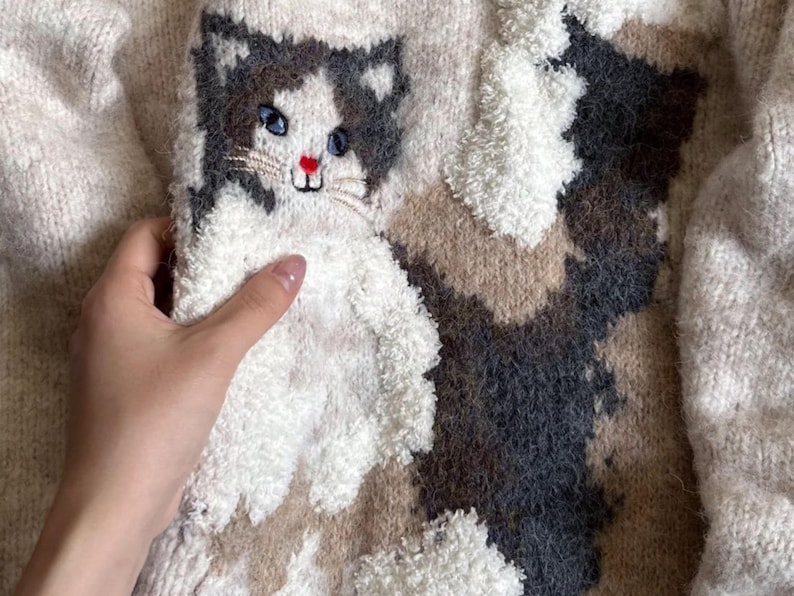 Kawaii Cartoon Cat Sweater | Women's Harajuku Knit Pullover | Cute Long ...