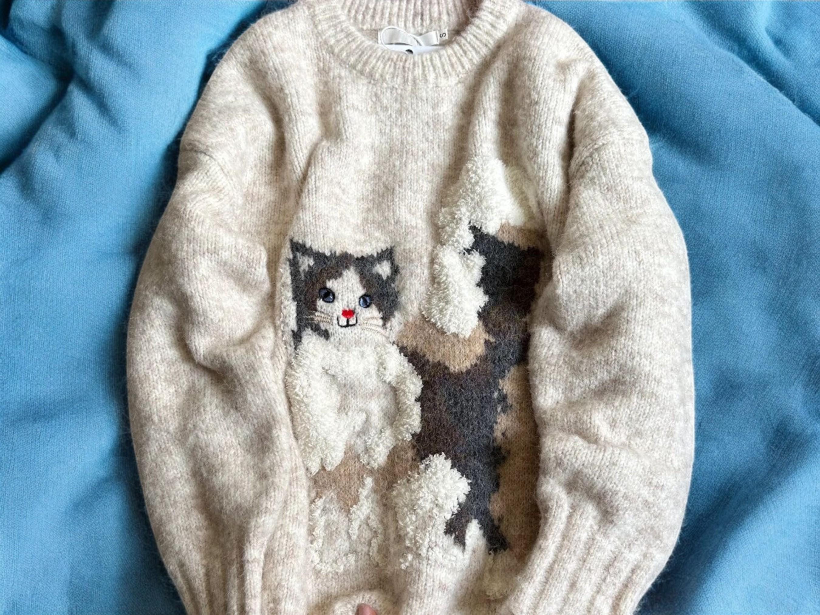 Kawaii Cartoon Cat Sweater | Women's Harajuku Knit Pullover | Cute Long ...