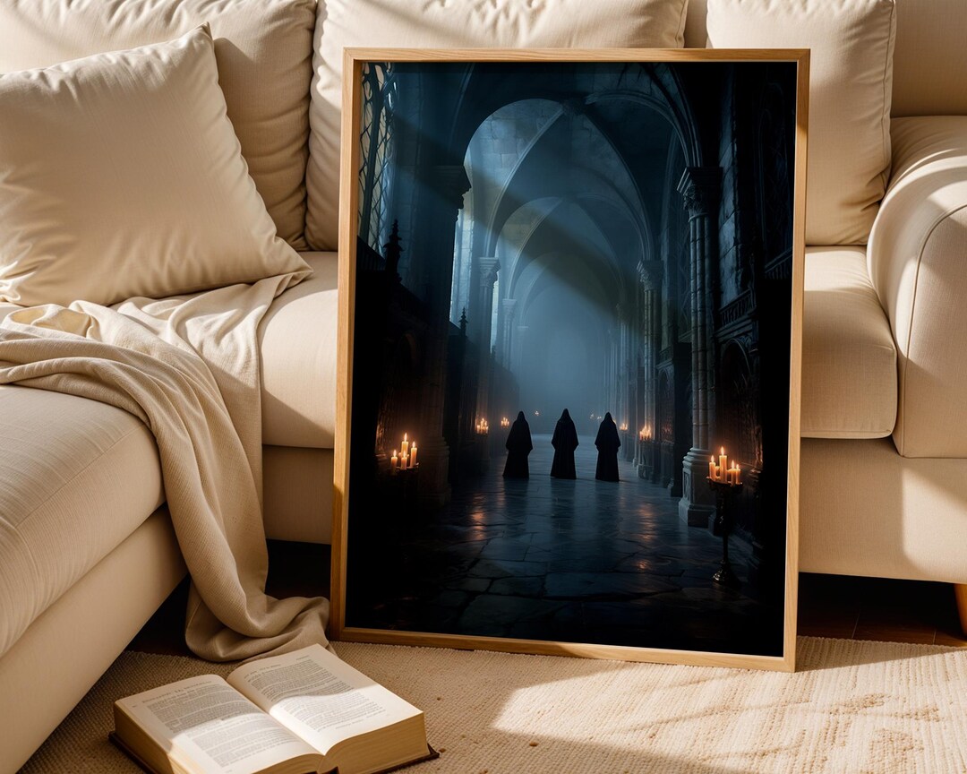 Dark Academia Gothic Art - Candlelit Monastery Hallway - Mysterious ...