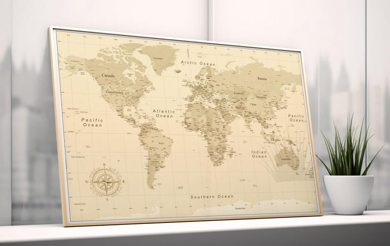 Sepia World Map Print: Vintage Geography Art (digital Download) - Etsy
