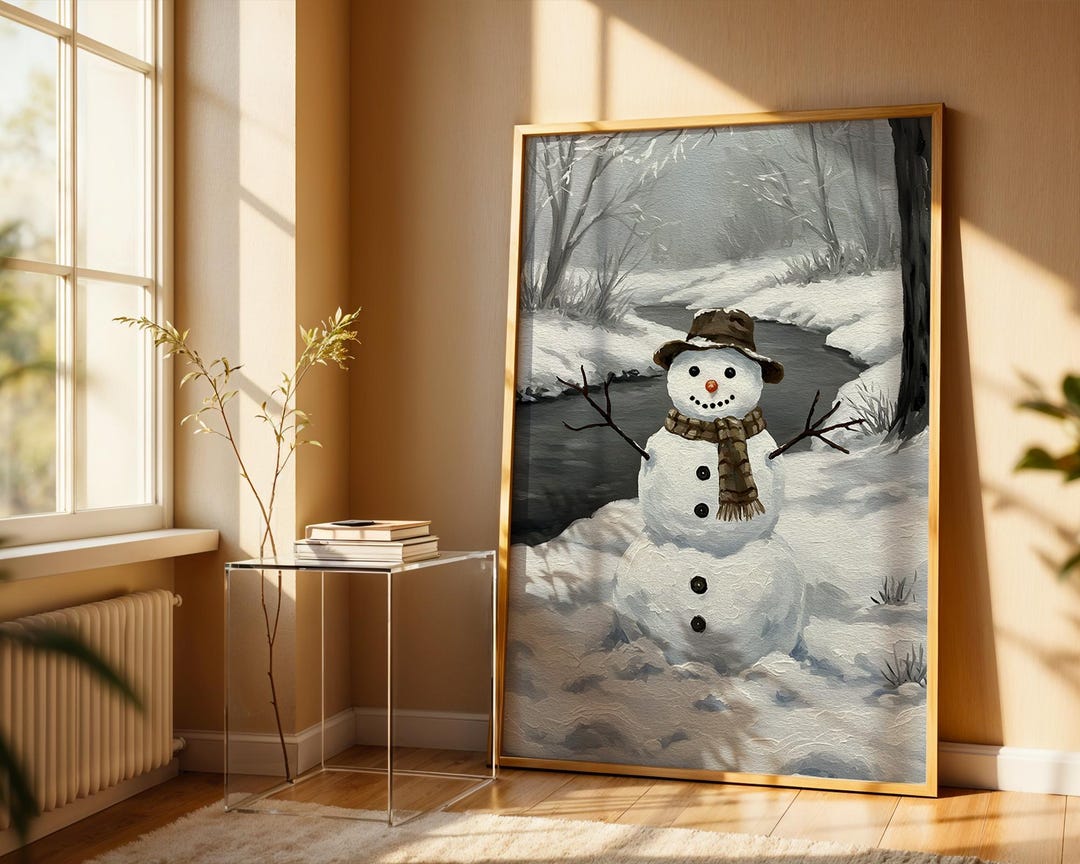Snowman Winter Scene Print: Rustic Nordic Holiday Decor (digital ...