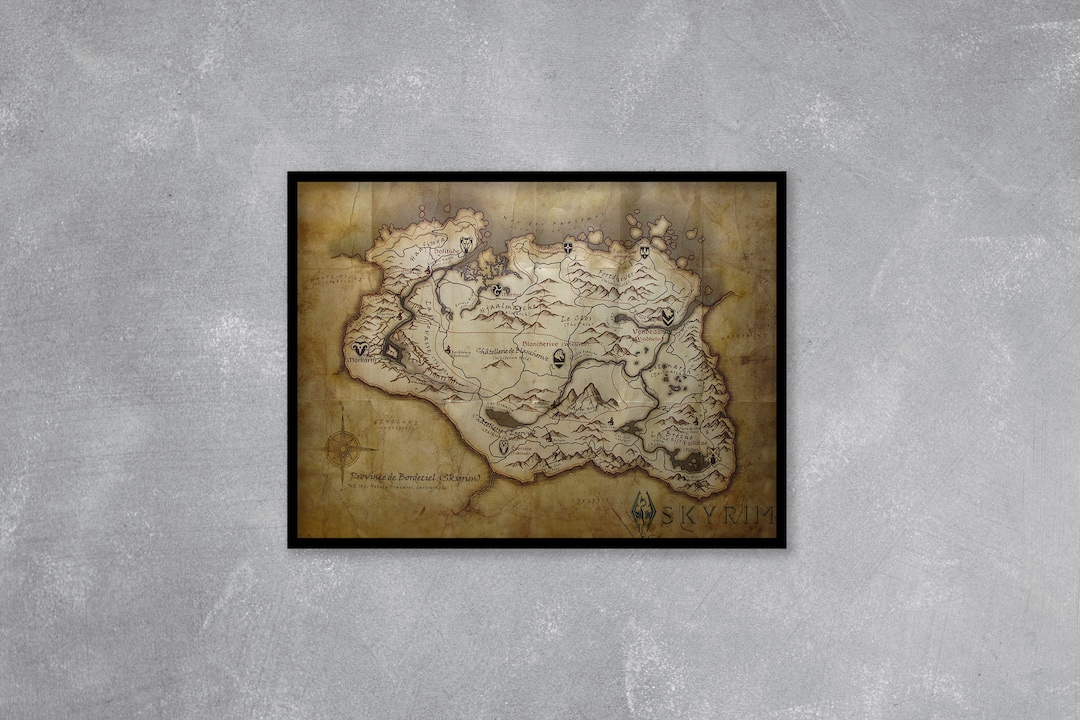 Skyrim World Map Wall Art, Skyrim Decor, Video Game World Map, Skyrim ...