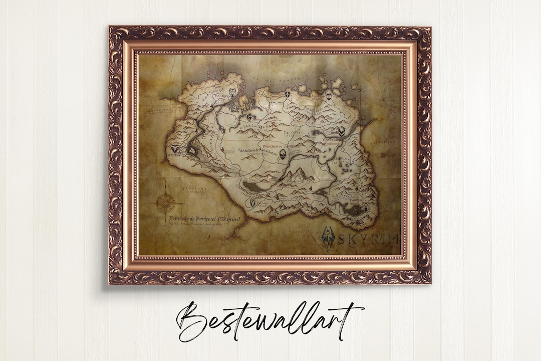 Skyrim World Map Wall Art, Skyrim Decor, Video Game World Map, Skyrim ...
