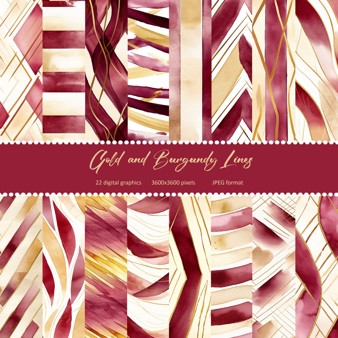 Watercolor Burgundy and Gold Lines Digital Images, Burgundy and Gold ...