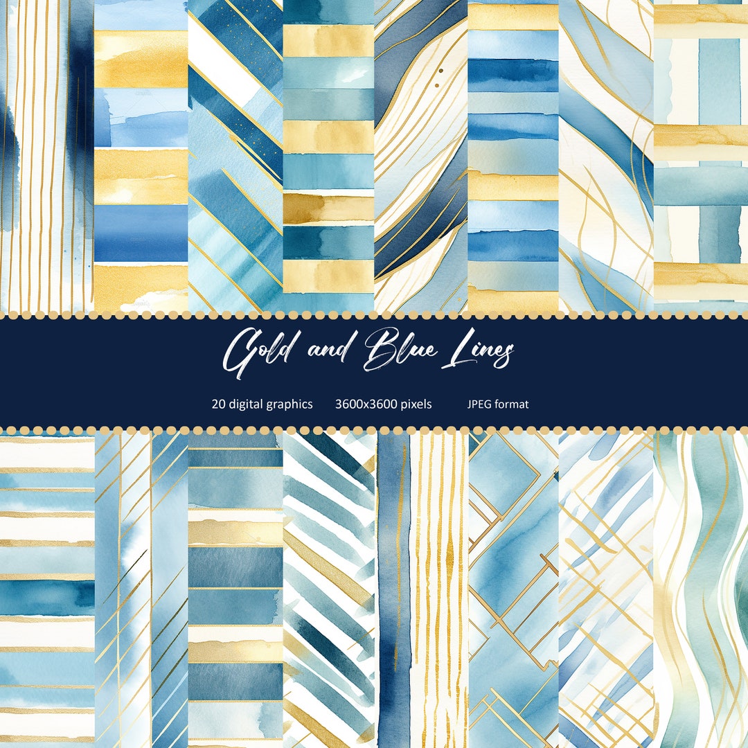 Watercolor Blue and Gold Lines Digital Images, Blue and Gold Pattern ...