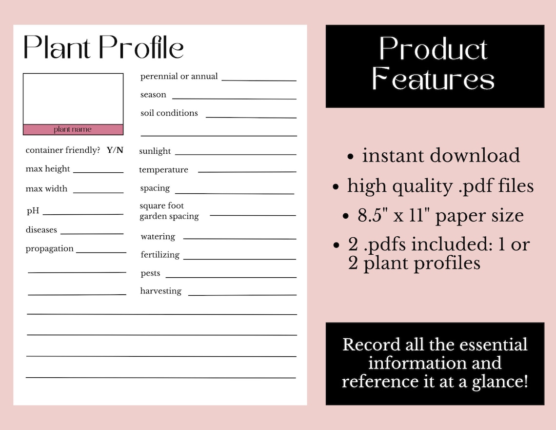 Printable Plant Profile Sheets, Plant Profile Pages, Plant Care Sheet ...