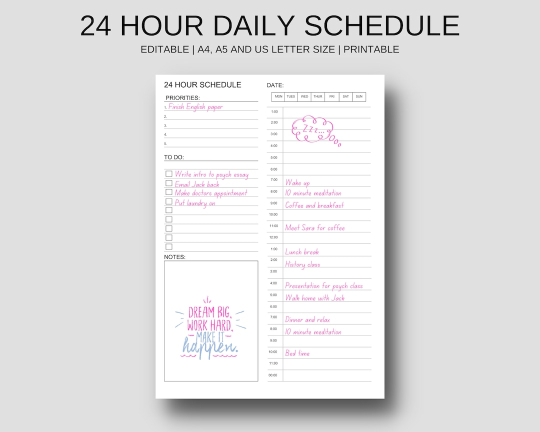 24 Hour Daily Planner Printable | Editable PDF | A4, A5, US Letter ...