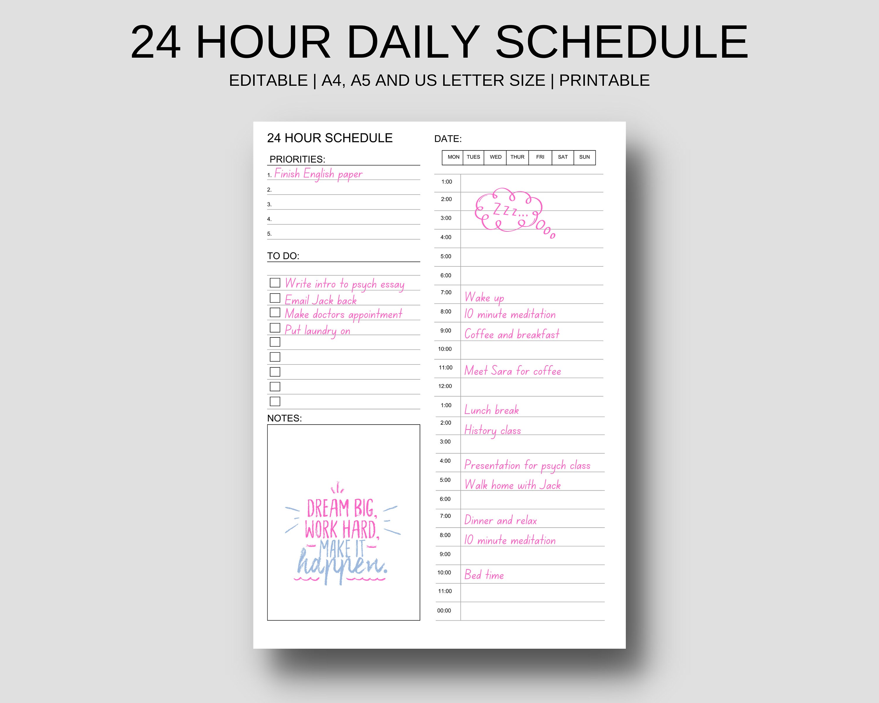 24 Hour Daily Planner Printable | Editable PDF | A4, A5, US Letter ...