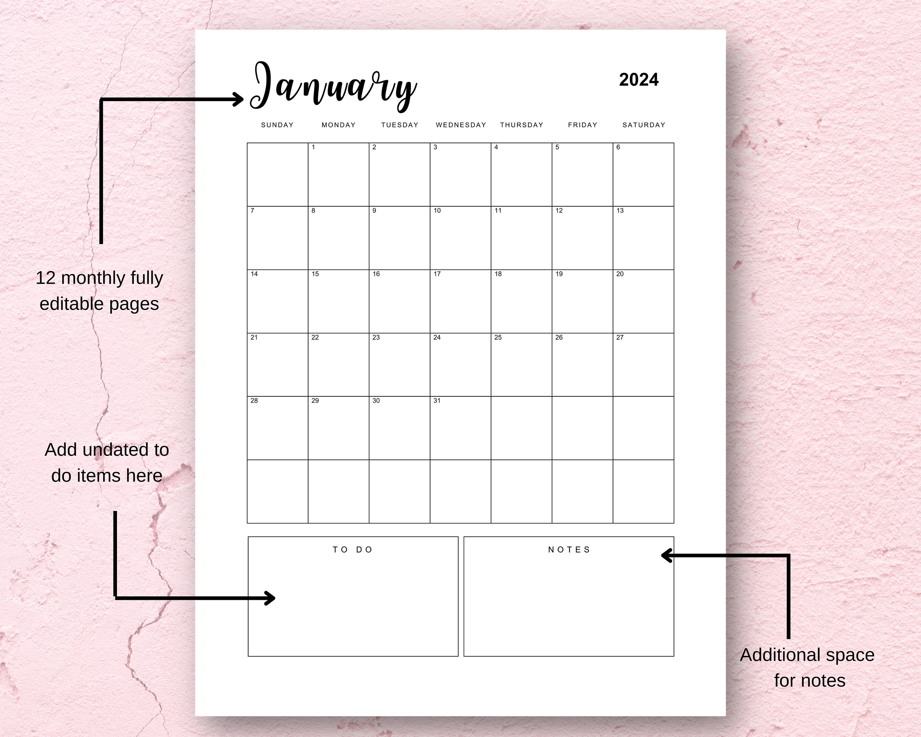 2024 Monthly Planner Printable | Minimalist Black and White Calendar ...
