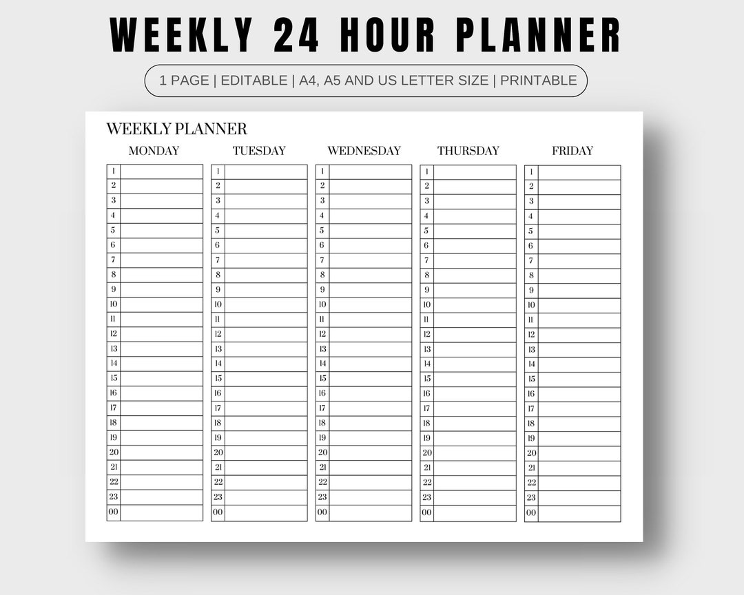 24 Hour Weekly Schedule Printable PDF | 5 Day Week at a Glance Planner ...