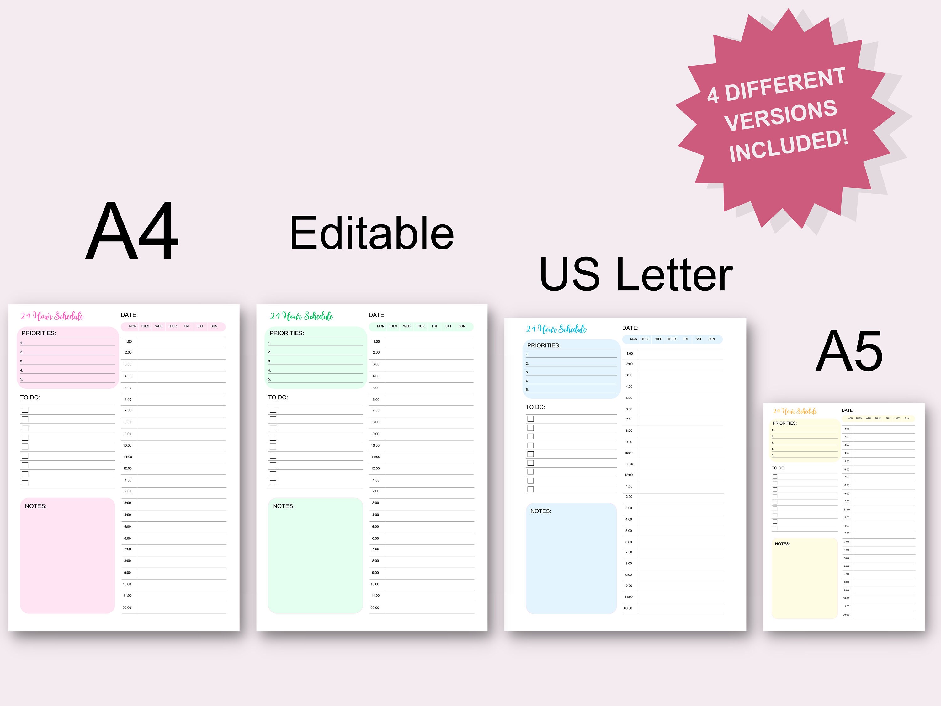 24 Hour Daily Planner Printable | 6 Colors | PDF Download | Hourly Time ...