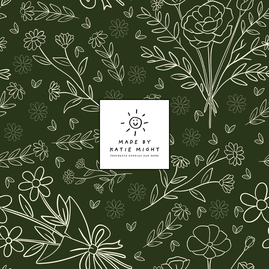 Dark Green Floral Seamless Pattern | Botanical Line Art Print (digital ...