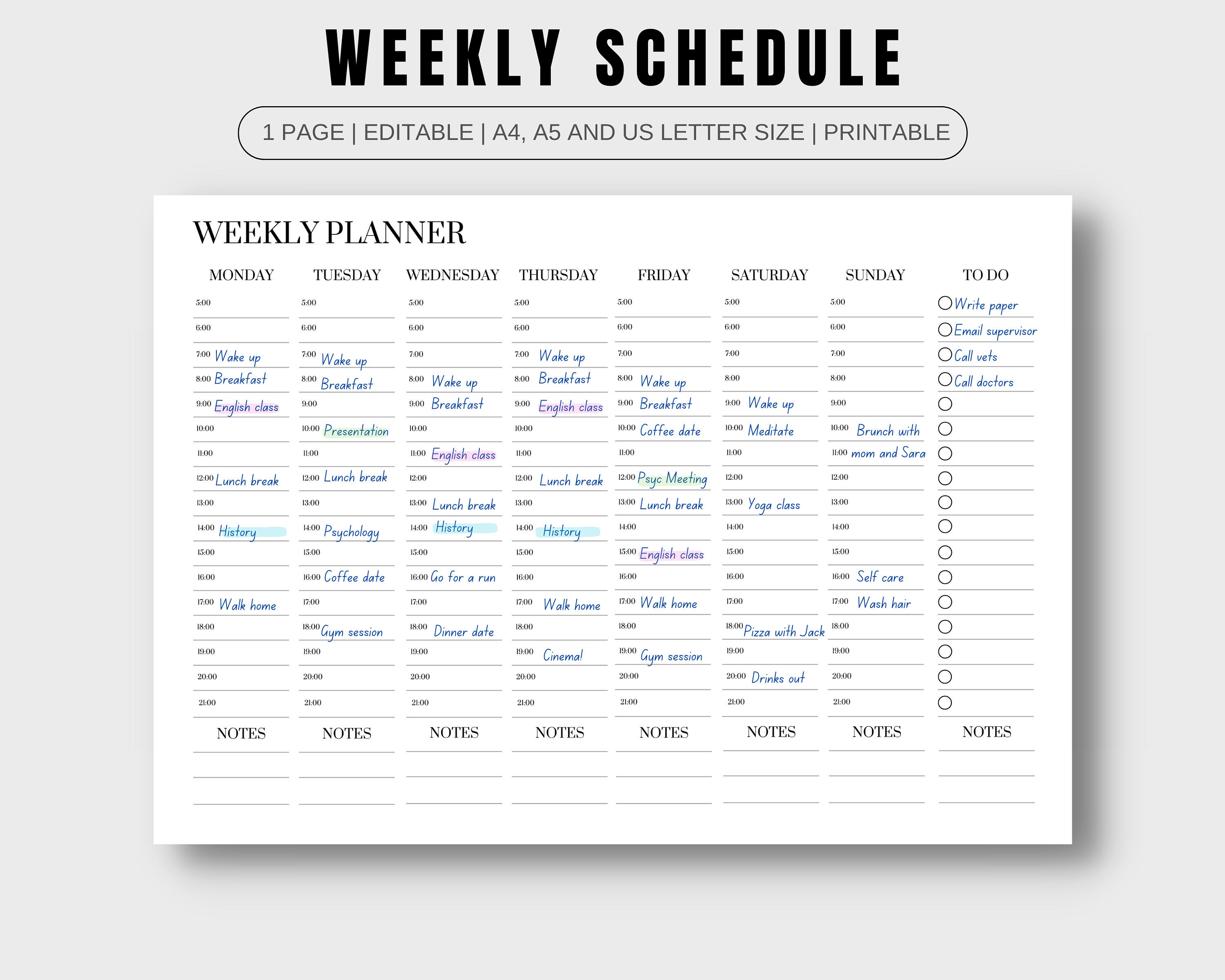 Editable Weekly Hourly Planner Printable Weekly Schedule - Etsy