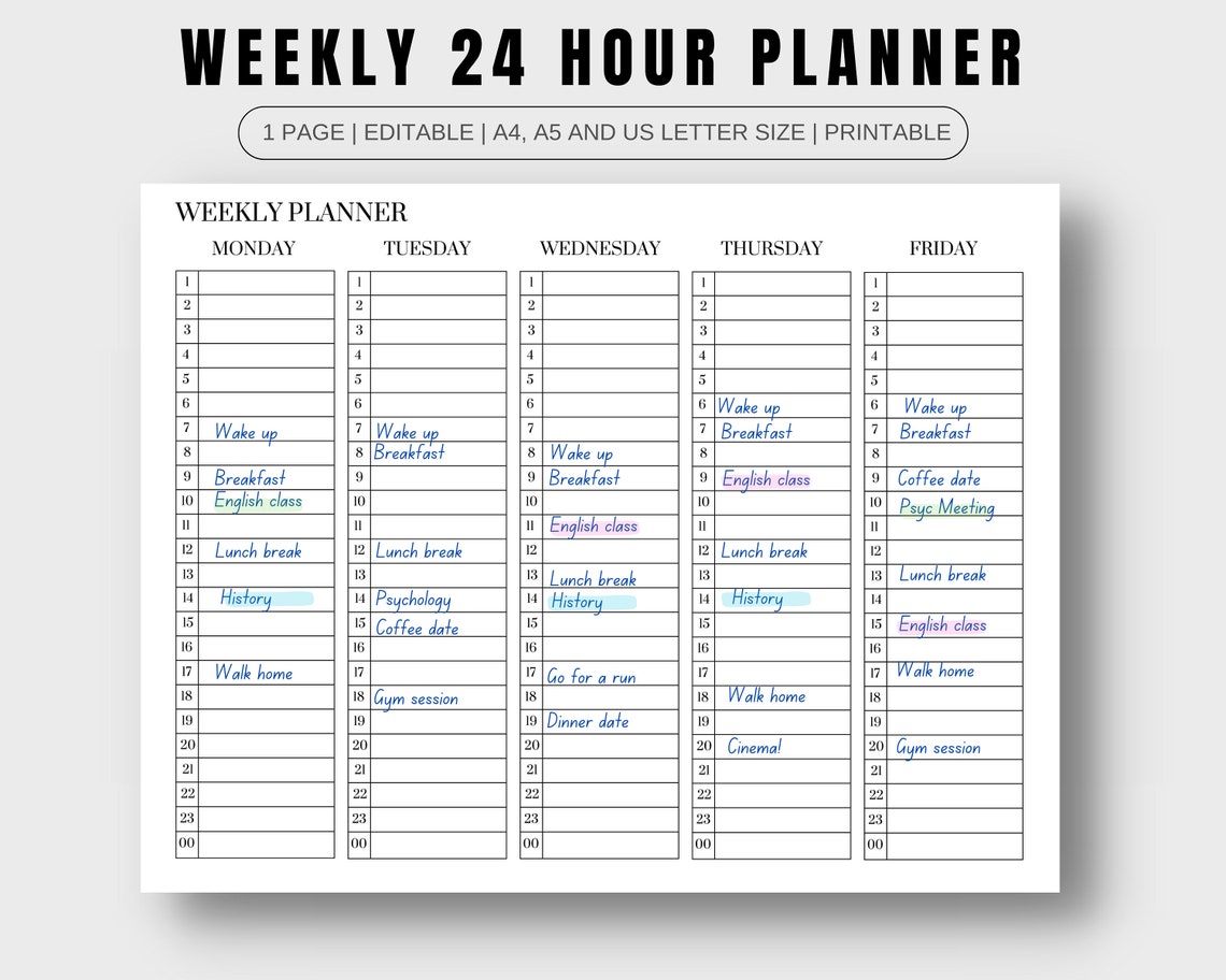 24 Hour Daily Planner Printable | Hourly Weekly Schedule PDF | Time ...