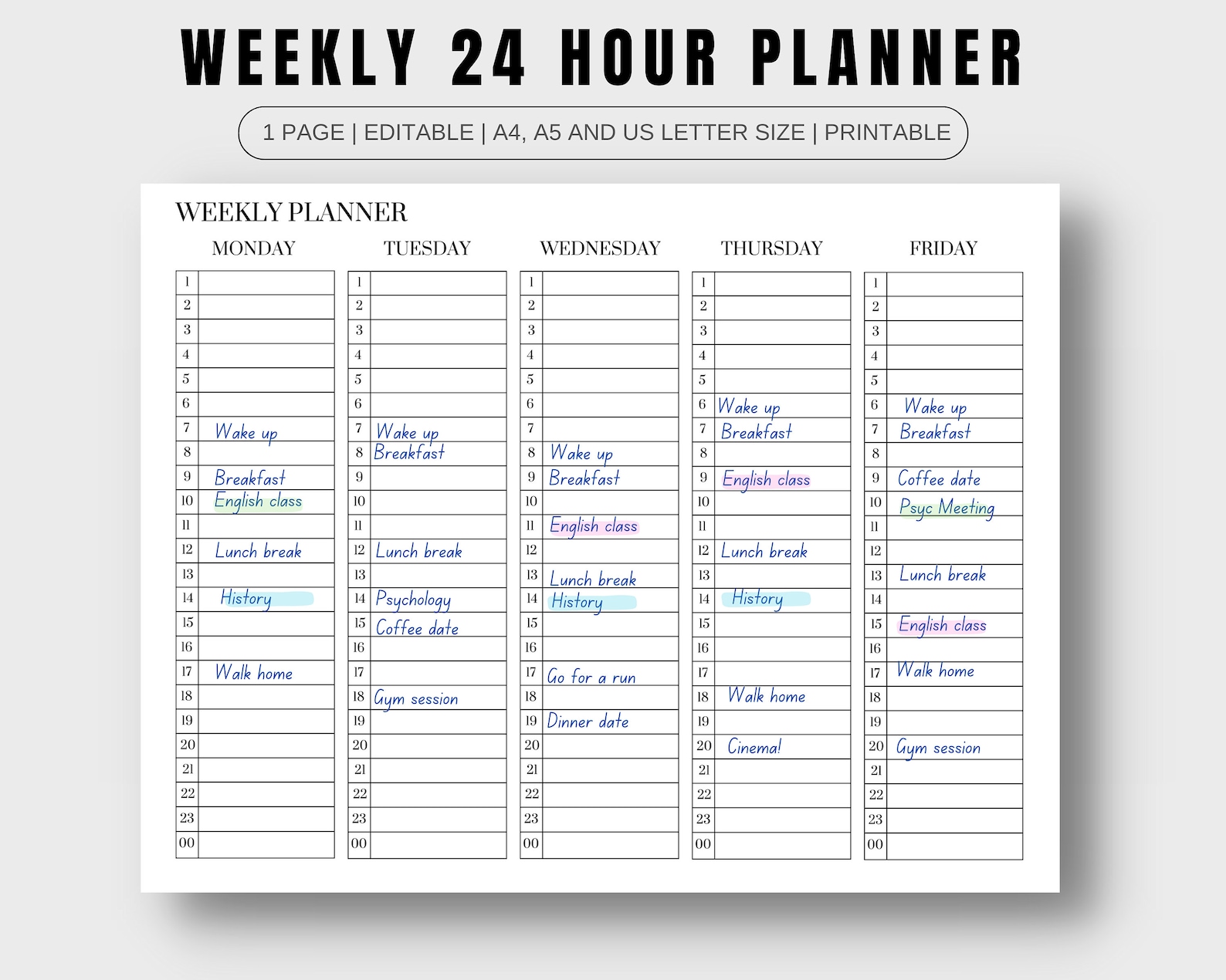 24 Hour Daily Planner Printable | Hourly Weekly Schedule PDF | Time ...