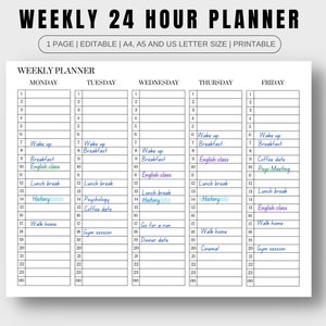 24 Hour Daily Planner Printable | Hourly Weekly Schedule PDF | Time ...