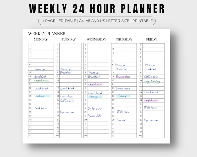 Editable Weekly Hourly Planner | Printable Weekly Schedule | Weekly ...