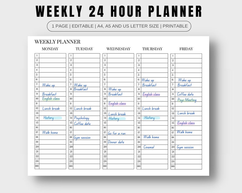 24 Hour Daily Planner Printable | Hourly Weekly Schedule PDF | Time ...
