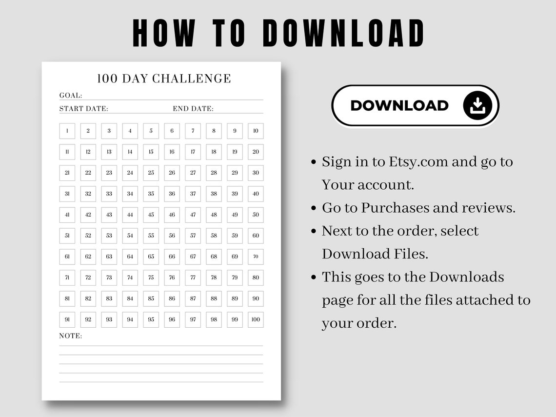 100 Day Challenge Tracker Printable Goal Progress PDF A4 Letter Instant ...