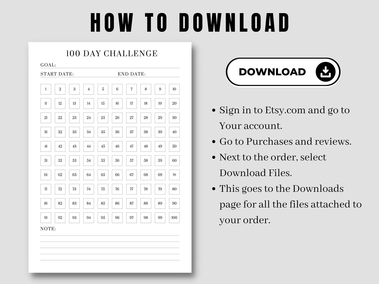100 Day Challenge Tracker Printable | Goal Progress PDF | A4 Letter ...