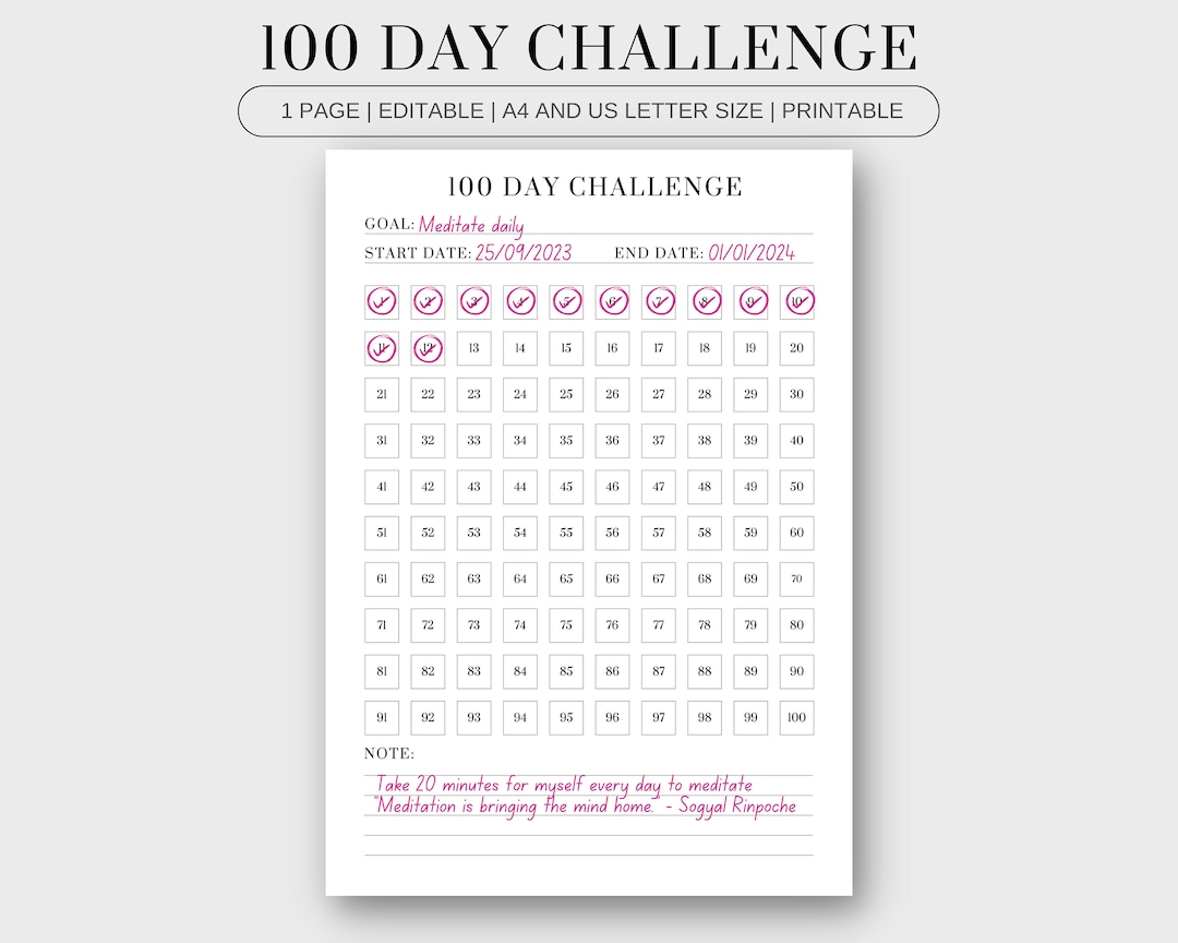 100 Day Challenge Tracker Printable | Habit and Goal Setting PDF ...
