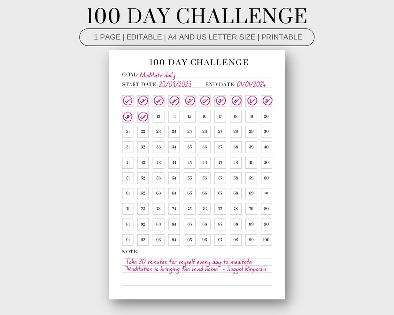 100 Day Challenge Tracker Printable | Goal Progress PDF | A4 Letter ...