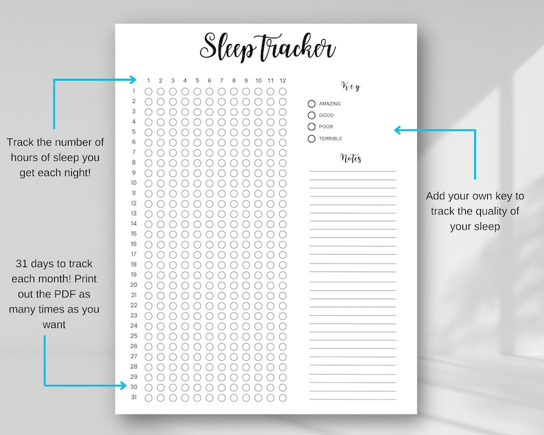 Printable Sleep Tracker Chart Log Sleep Hours Monthly Sleep Log PDF ...