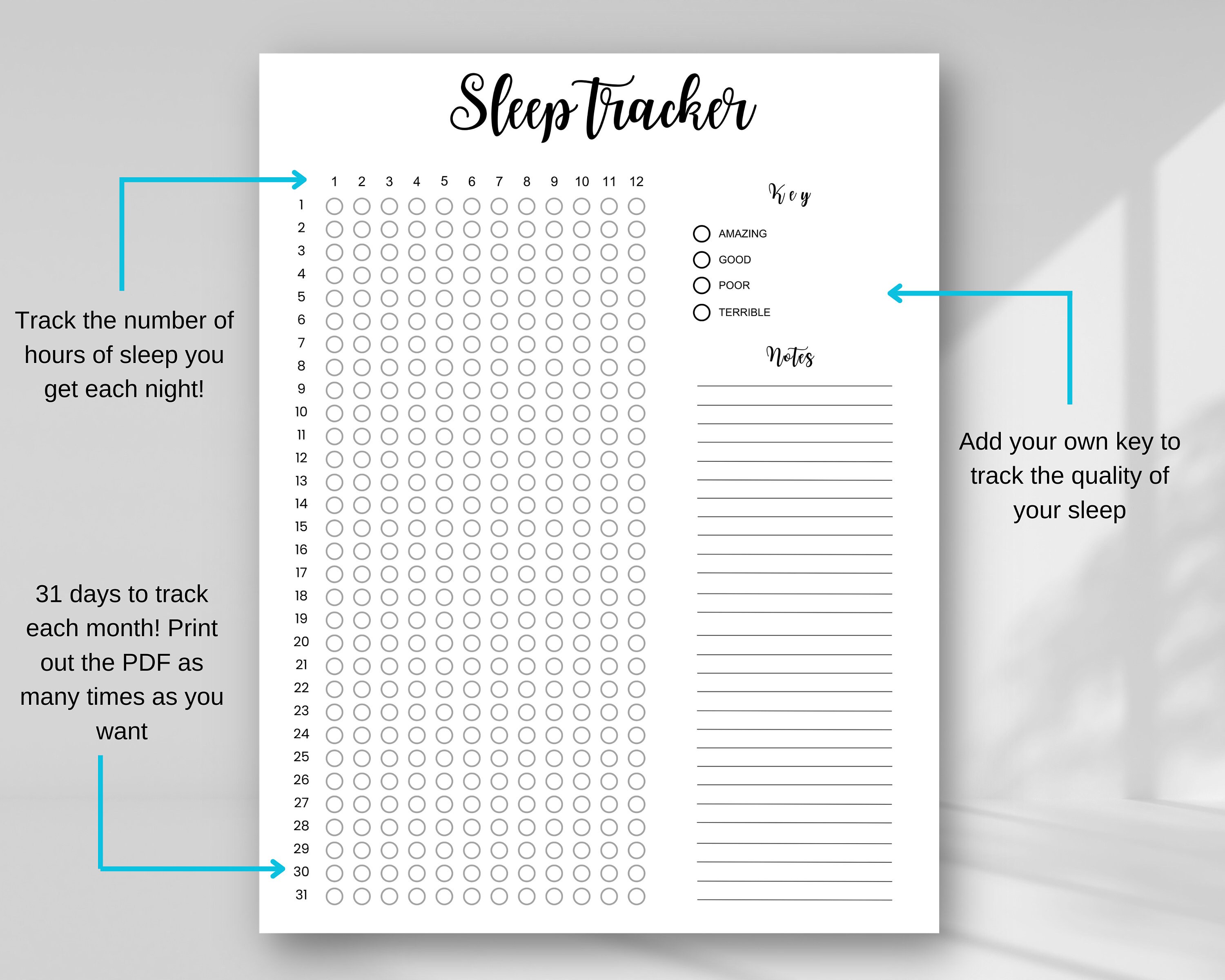 Printable Sleep Tracker Chart Log Sleep Hours Monthly Sleep Log PDF ...