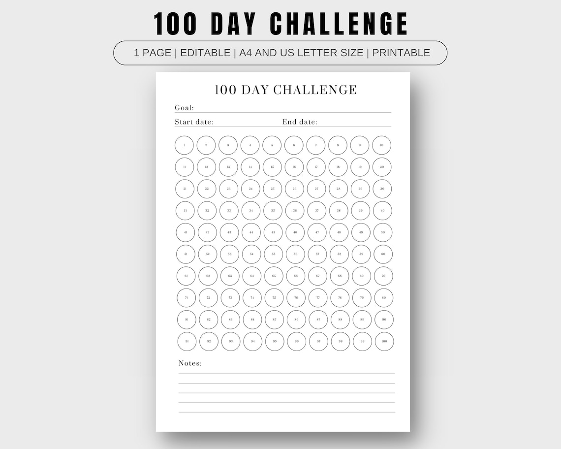 100 Day Challenge Tracker | Printable | Editable PDF | Digital Download ...