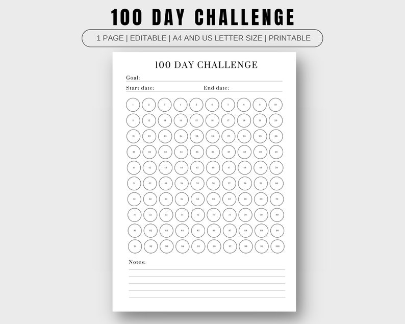 100 Day Challenge Tracker Printable Editable PDF Digital - Etsy