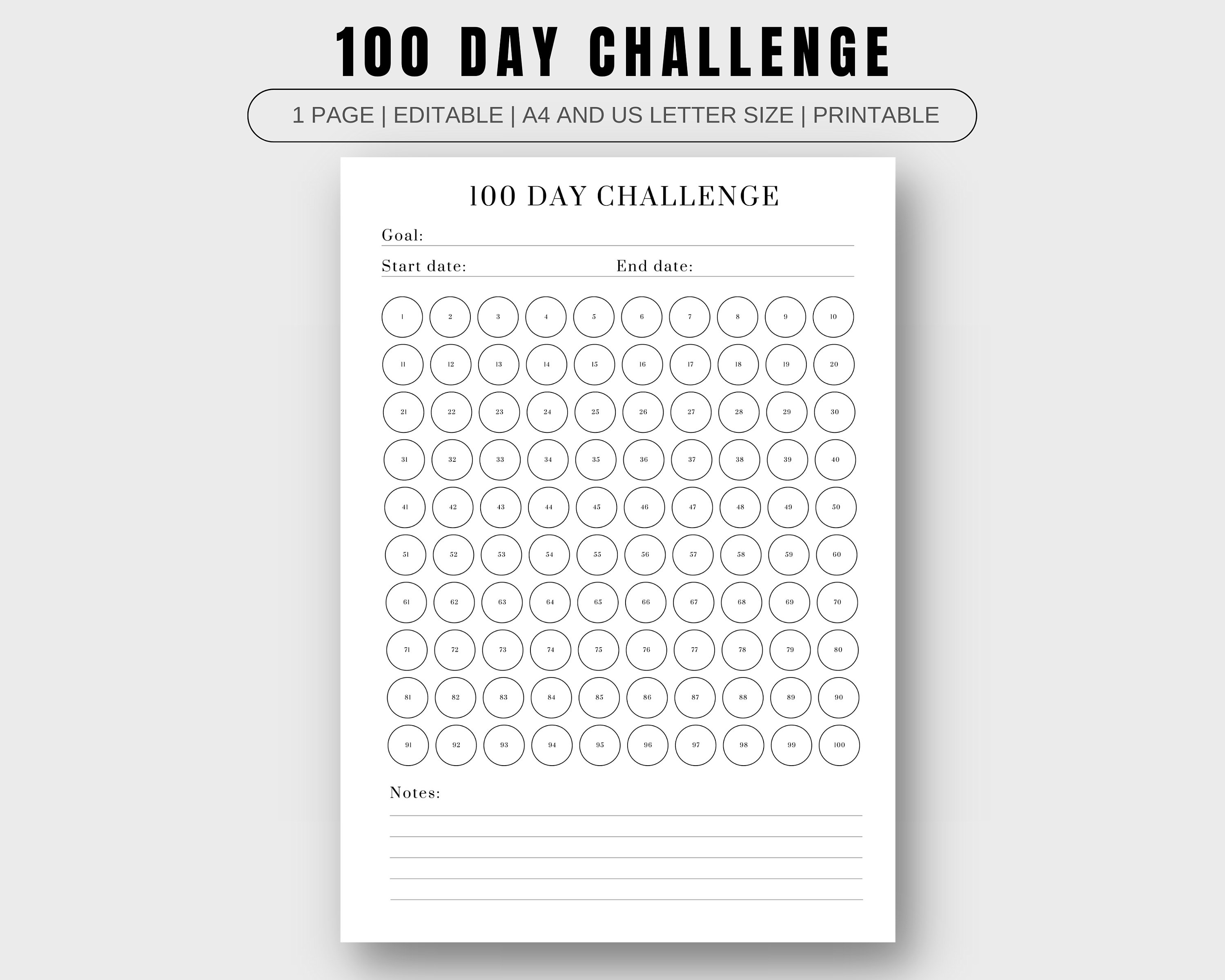 100 Day Challenge Tracker Printable Editable PDF Digital - Etsy