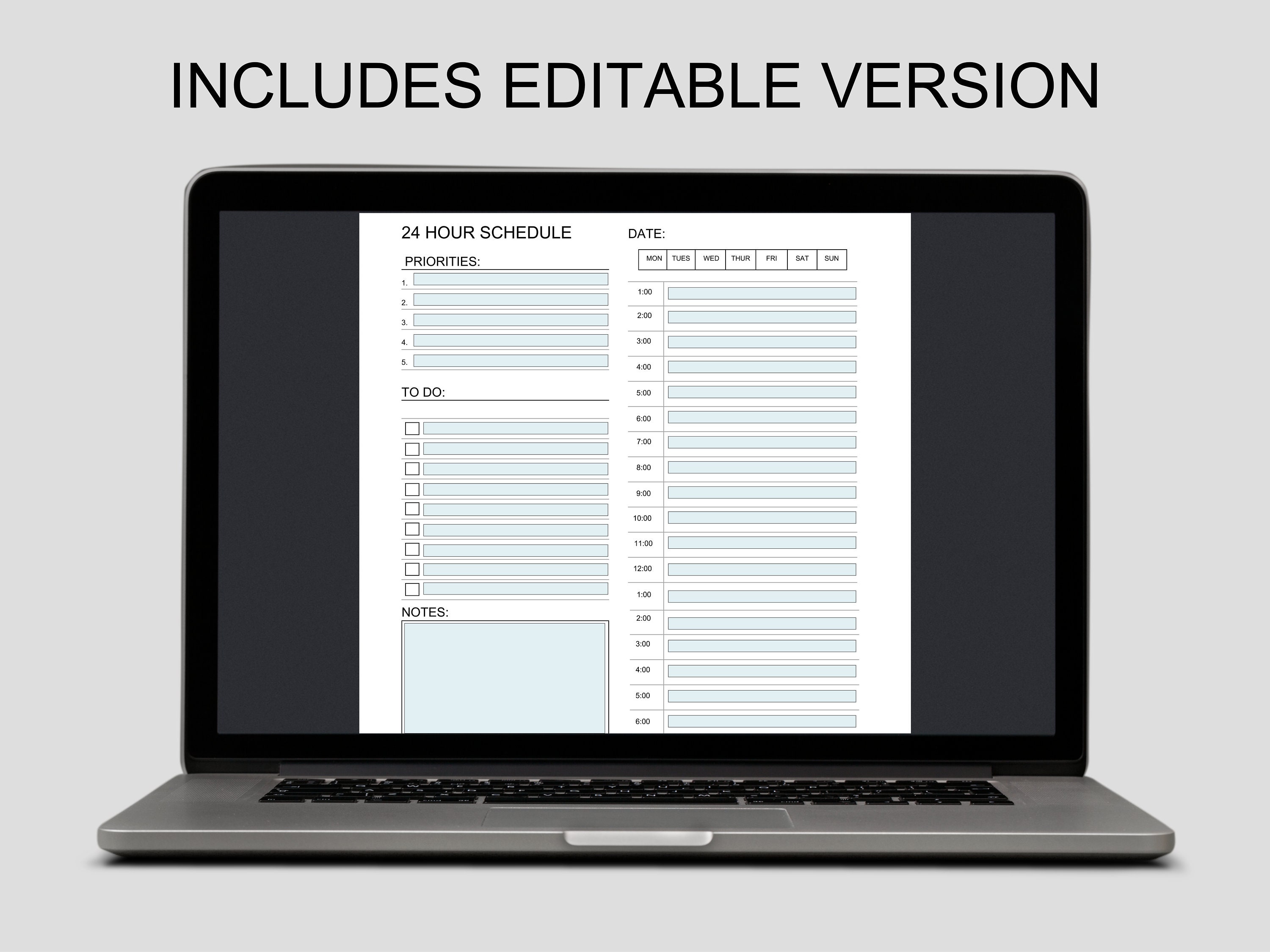 24 Hour Daily Planner Printable | Editable PDF | A4, A5, US Letter ...